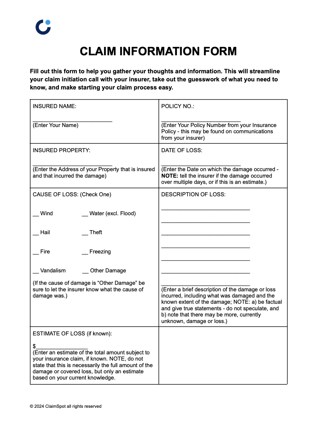 Claim Information Form: Property Insurance Free Downloadable